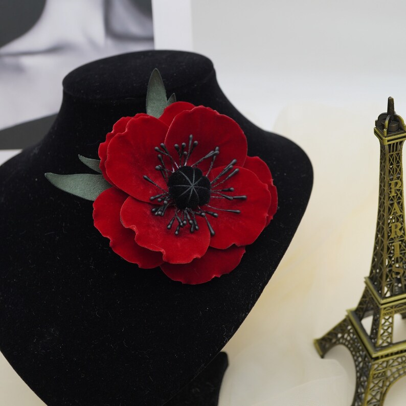9cm Red Velvet POPPY Pin Brooch, Handmade Flower Brooch, Fabric Flower ...