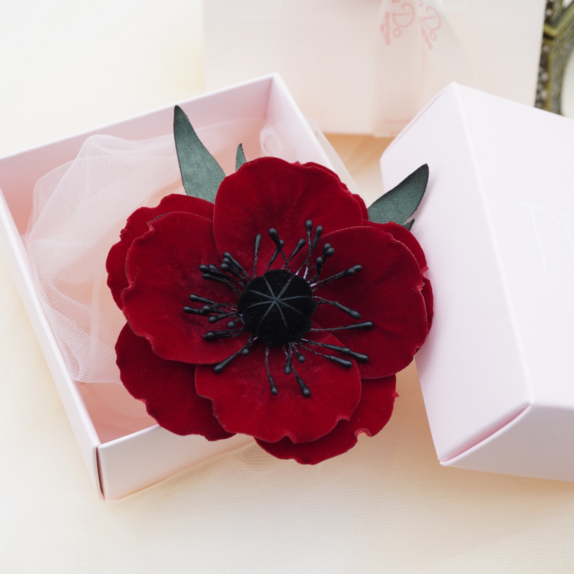 9cm Red Velvet POPPY Pin Brooch, Handmade Flower Brooch, Fabric Flower ...