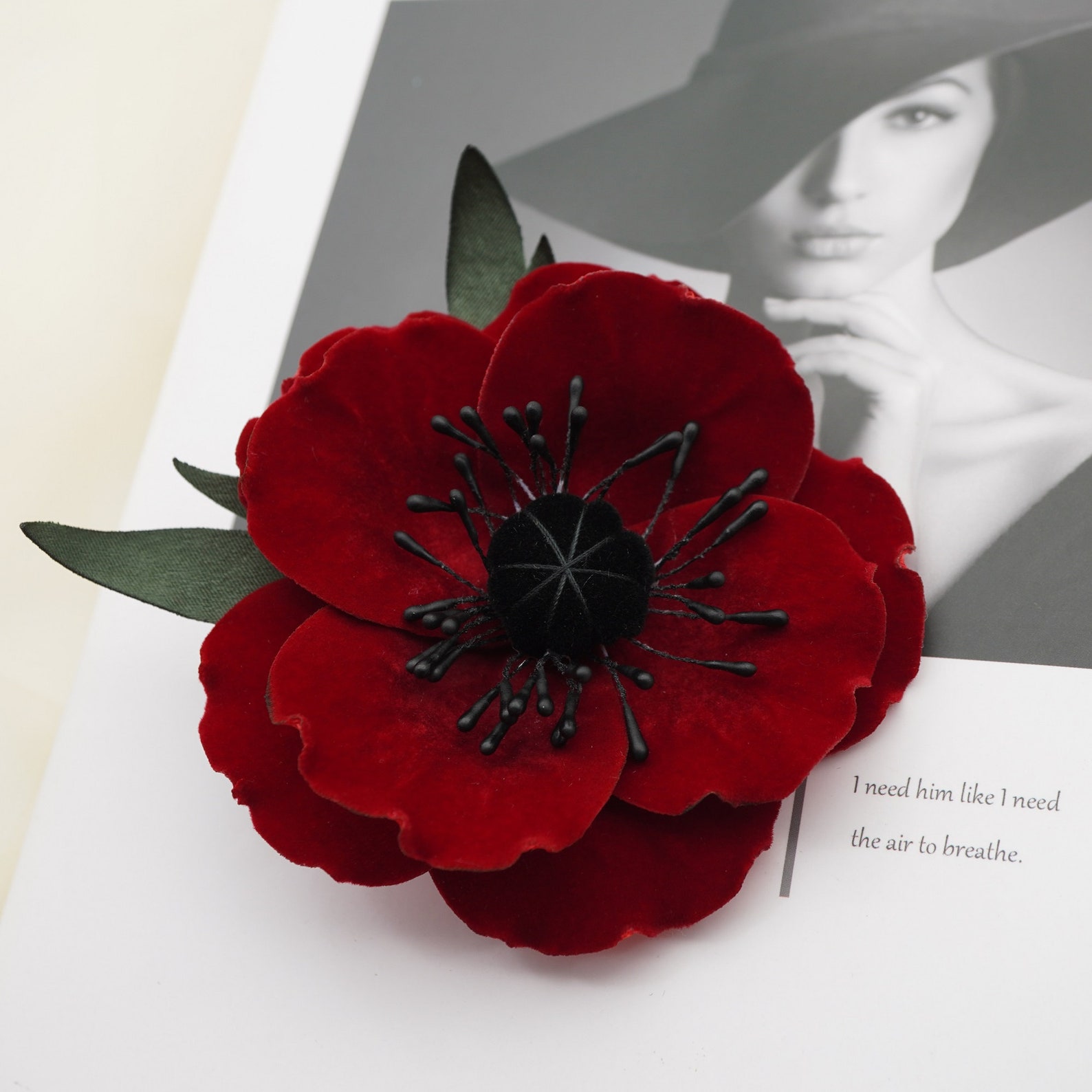 9cm Red Velvet POPPY Pin Brooch, Handmade Flower Brooch, Fabric Flower ...