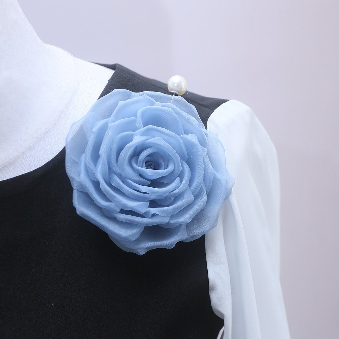Demin BLUE CHIFFON ROSE Brooch Pin With Gift Box, Handmade Brooch Pin ...