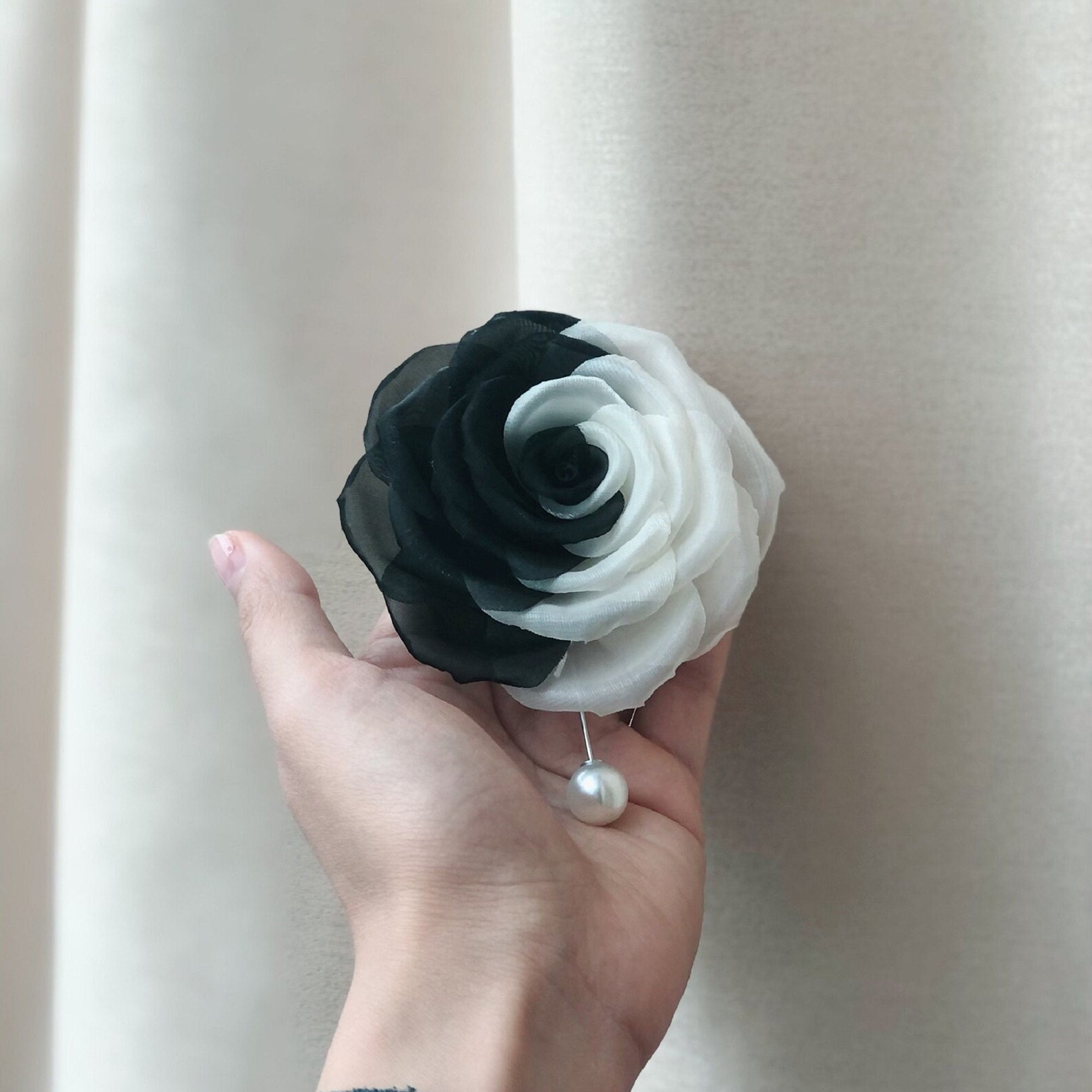 Black and White Silk Flower Pin, Fabric Flower Brooch, Brooch Pins for ...