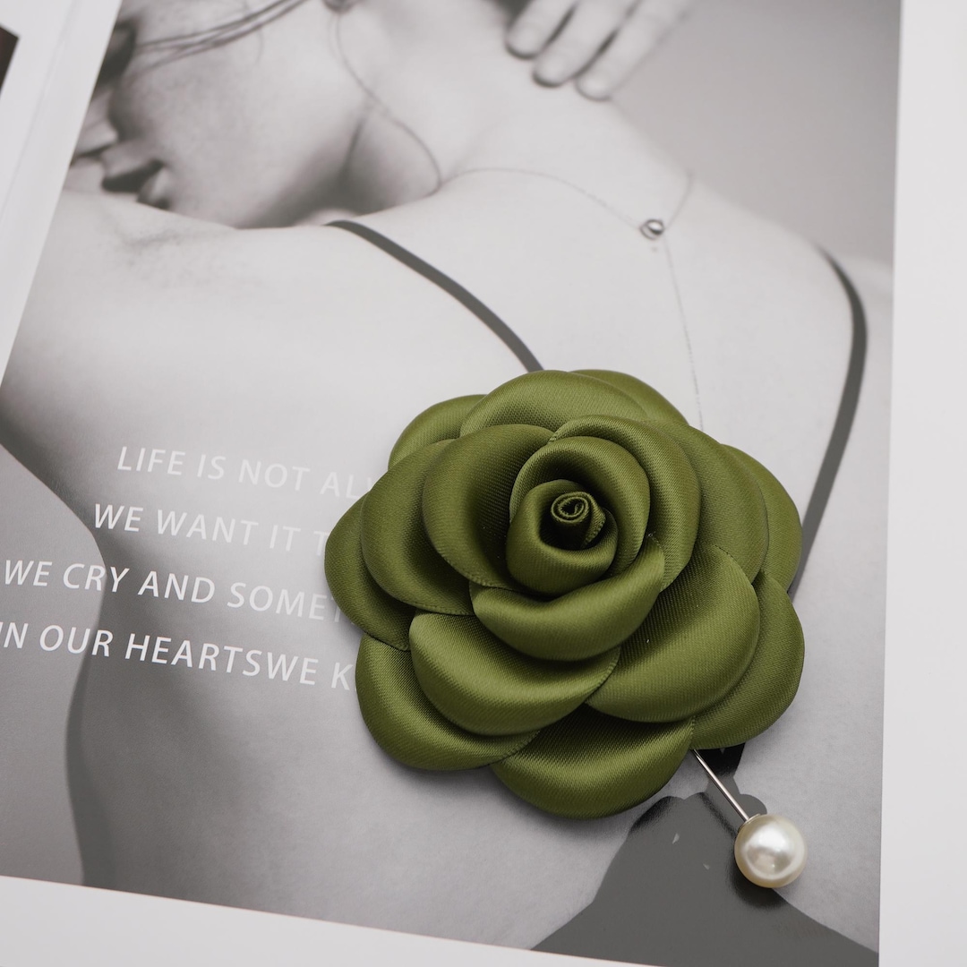 OLIVE Green Silk Rose Flower Pin Brooch, Handmade Fabric Brooch Pin ...