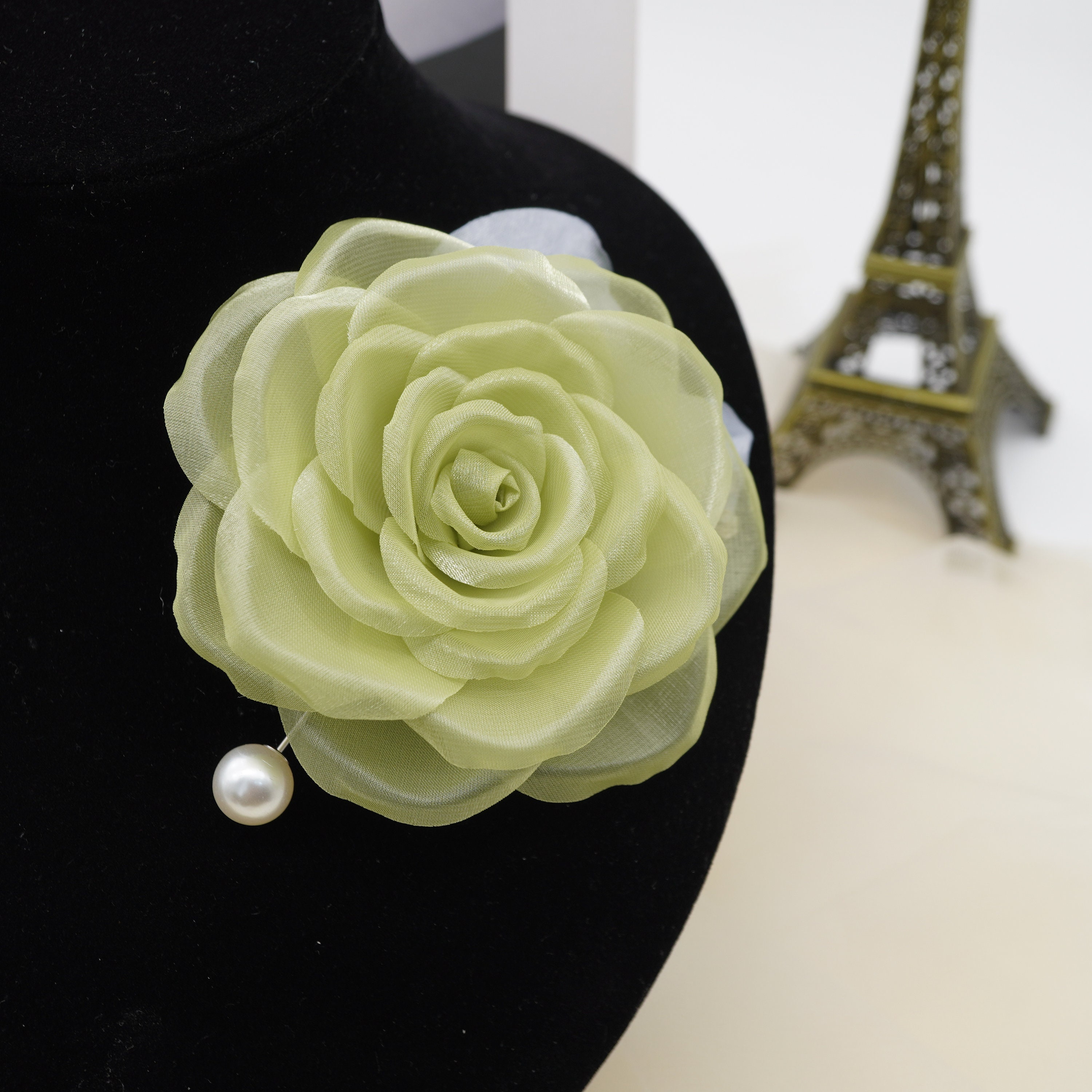 GREEN ROSE FLOWER Silk Fabric Brooch Pin, Handmade Brooch Pin, Hair ...