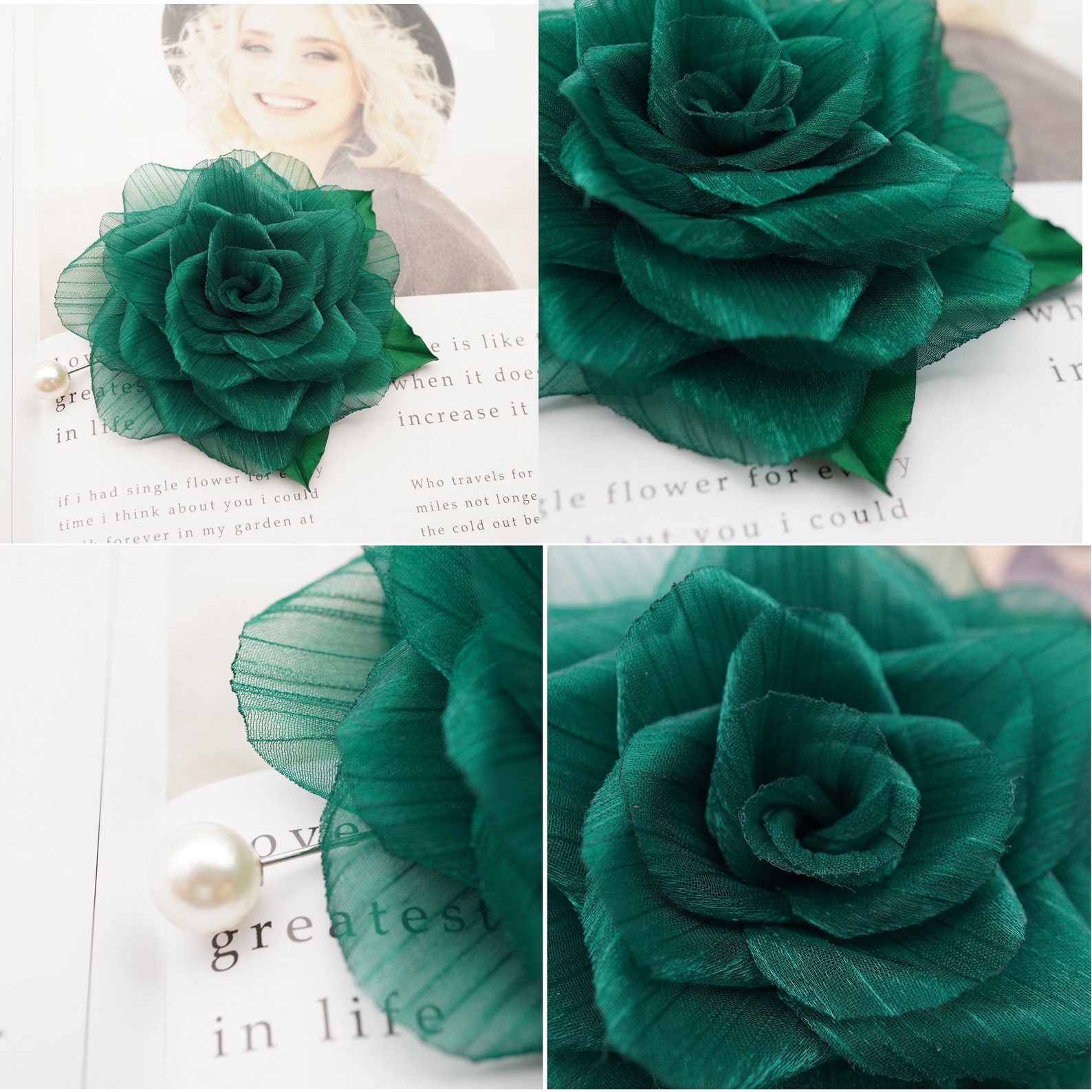 GREEN FLOWER BROOCH, Tiny Crochet Flowers Art Deco Fabric Brooch ...