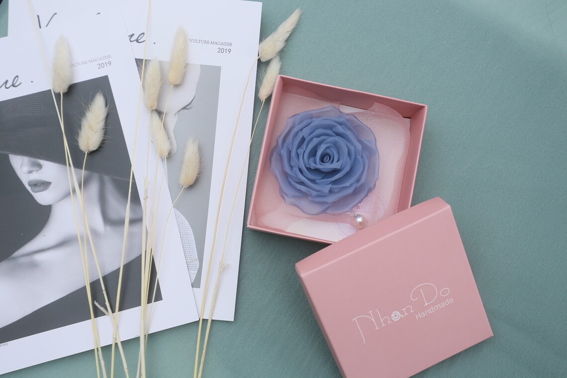 Demin BLUE CHIFFON ROSE Brooch Pin With Gift Box, Handmade Brooch Pin ...