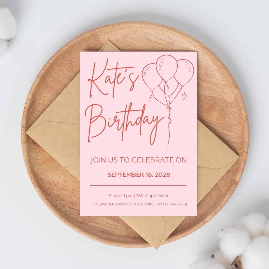 Editable Pink Balloons Birthday Invitation, Pink Balloons Girl Birthday ...