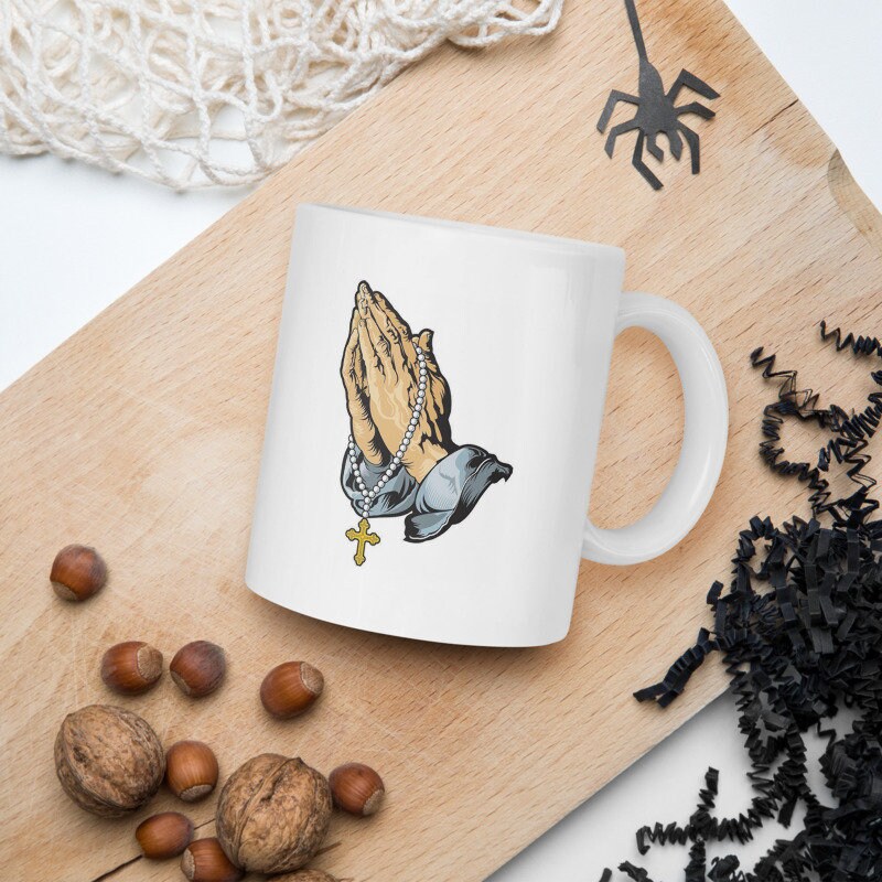 Praying Hands Coffee Mug 11oz Ceramic White Gloss Finish Etsy