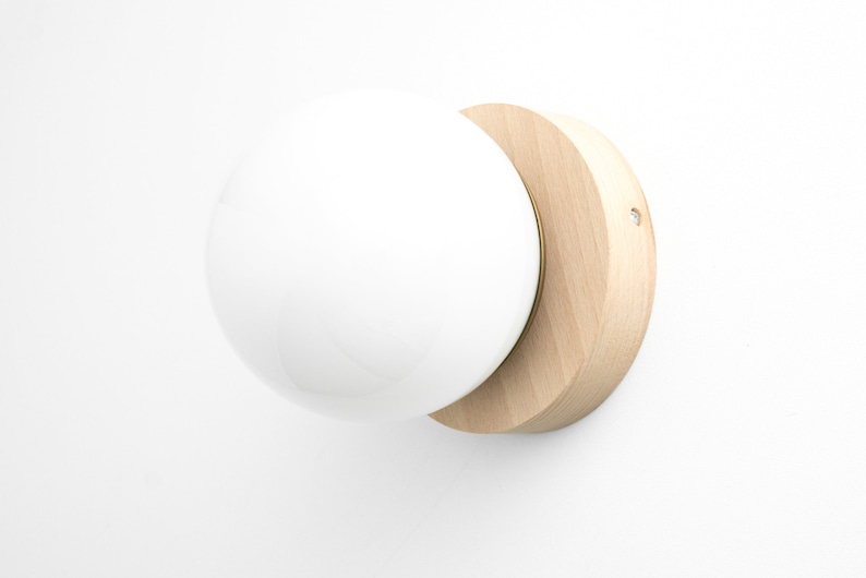 Beech Wood Lamp - Minimalist Sconce - Opal Globe Lamp - Natural Wood ...