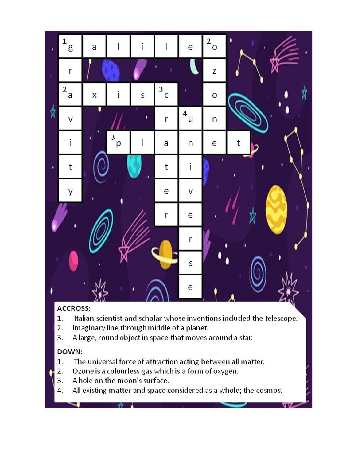 Fun Outer Space Crossword Activity Worksheets: Word Activities - Etsy UK