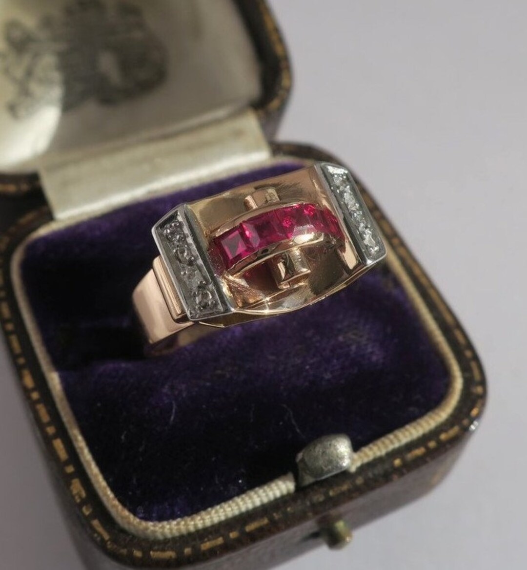 Art Deco Tank Ring - Solid 18k Rose Gold and Platinum 5g - Calibrated ...