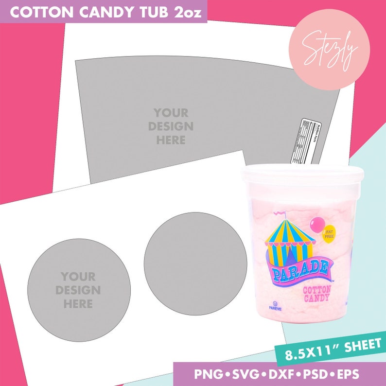 2oz Cotton Candy Tub Label Template, Cotton Candy Tub Wrapper Template ...