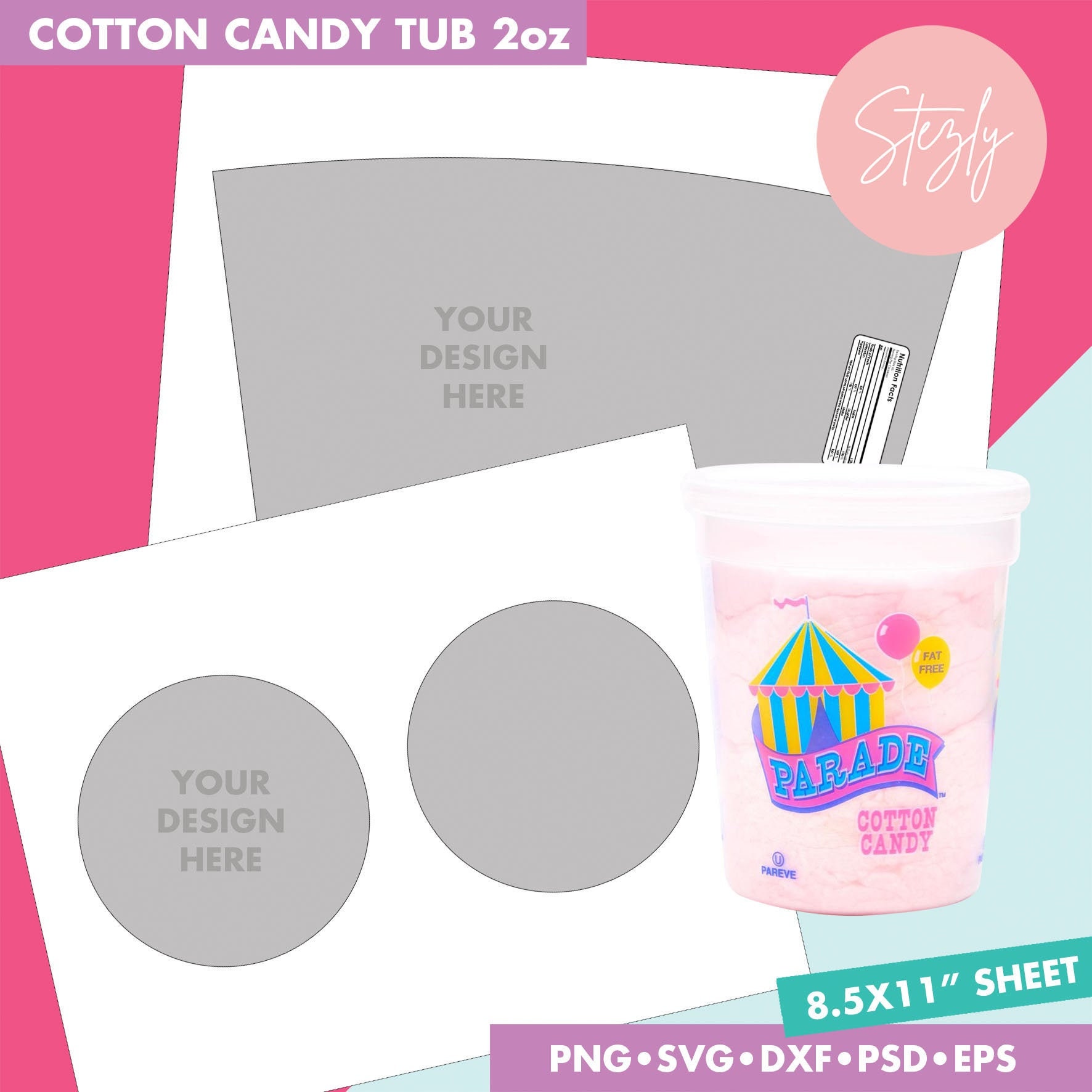 2oz Cotton Candy Tub Label Template, Cotton Candy Tub Wrapper Template ...