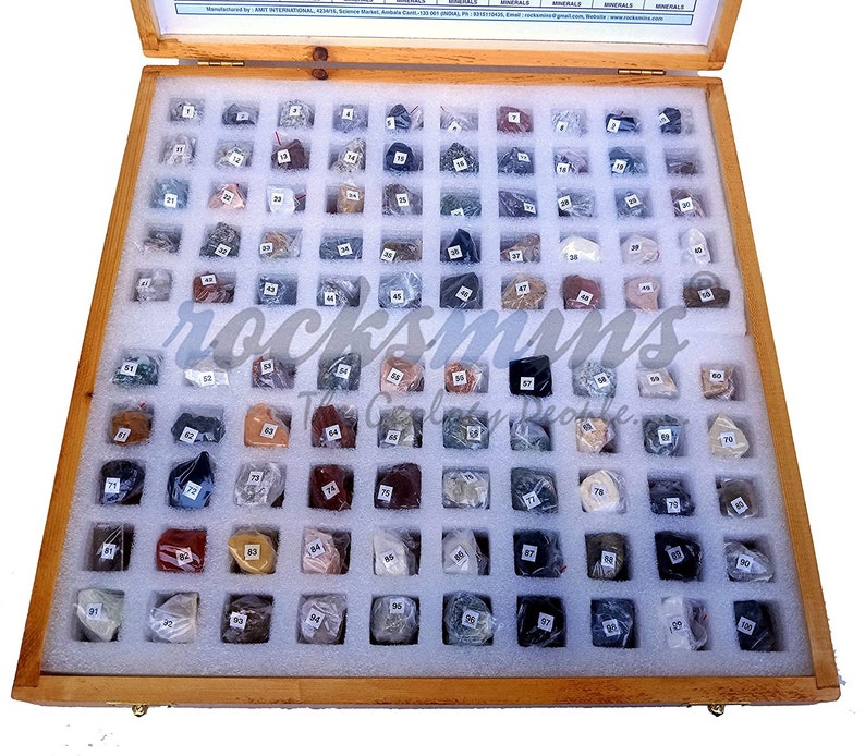Collection of 100 Rocks & Minerals in a Wooden Box Small Specimens of ...