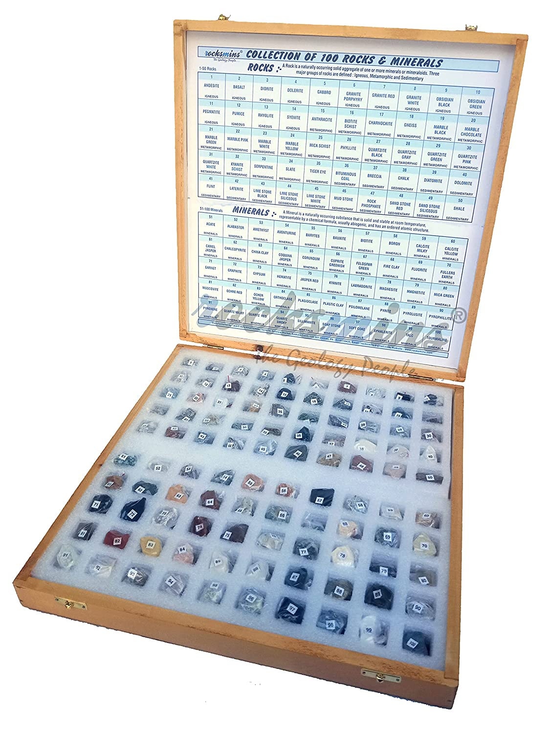Collection of 100 Rocks & Minerals in a Wooden Box Small Specimens of ...