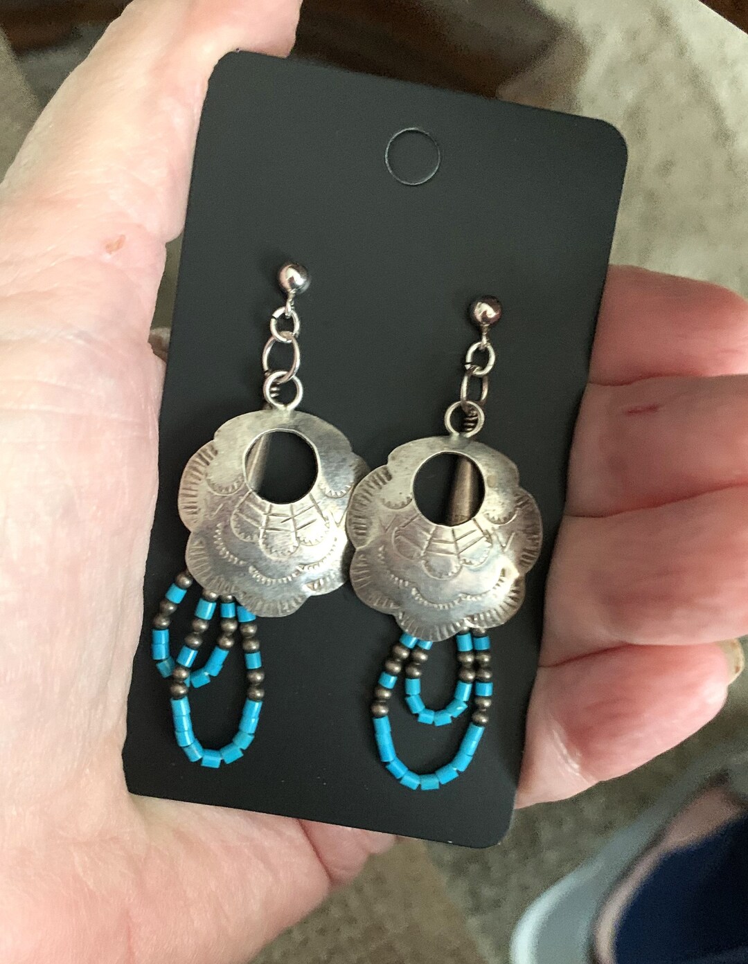 Handmade Sterling Silver Native American Concho Turquoise Beaded Dangle ...