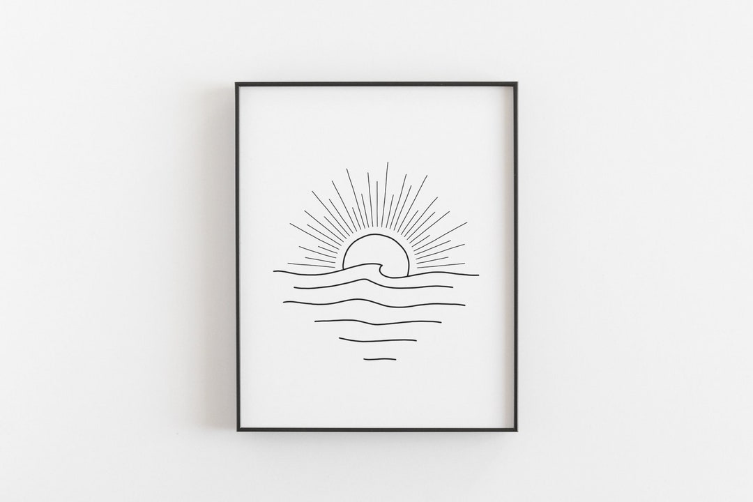 Simple Sunset Print - Surf Wave Poster, Line Drawing, Minimalist Beach ...