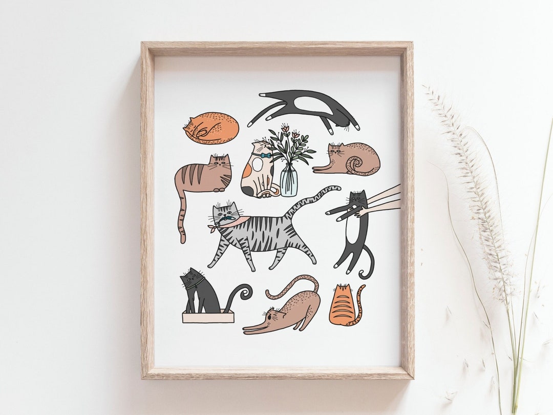 Cats Print - Funny Cat Poses Poster, Minimalist Cat Art, Scandinavian ...