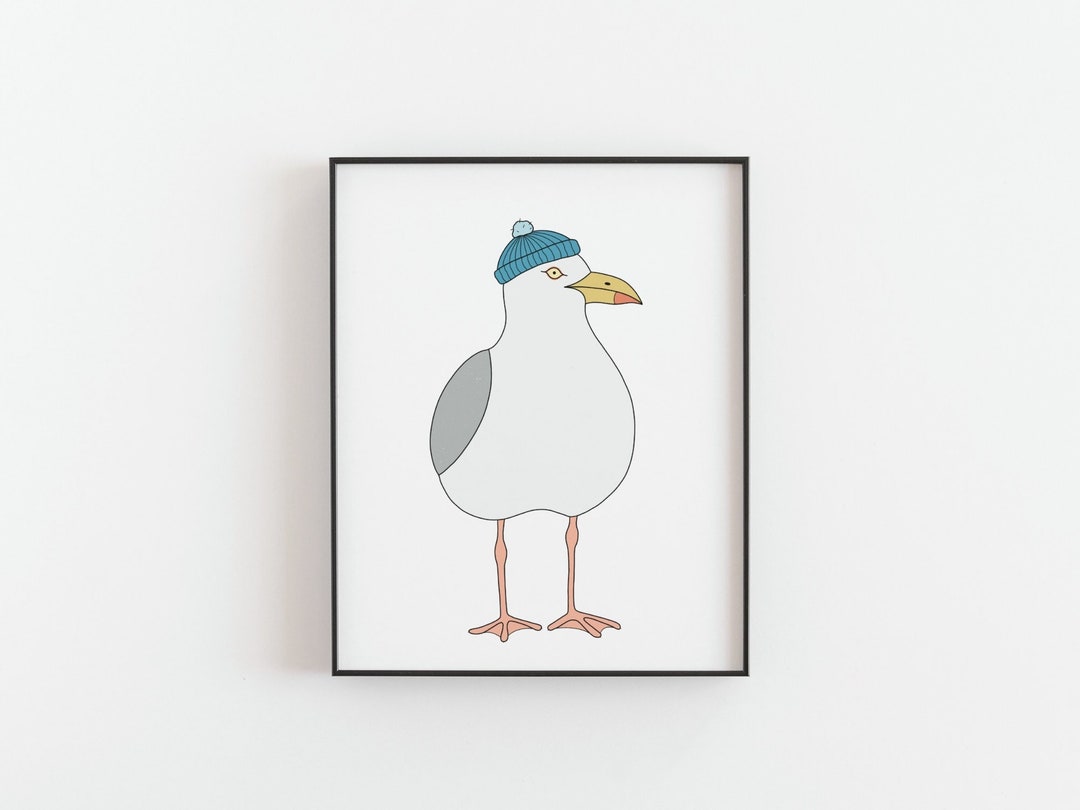 Seagull Print - Cozy Seagull With Blue Beanie, Sailing Poster, Herring ...