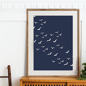 Seagull Print - Birds Flock in the Sky Poster, Seabird Pattern Art ...
