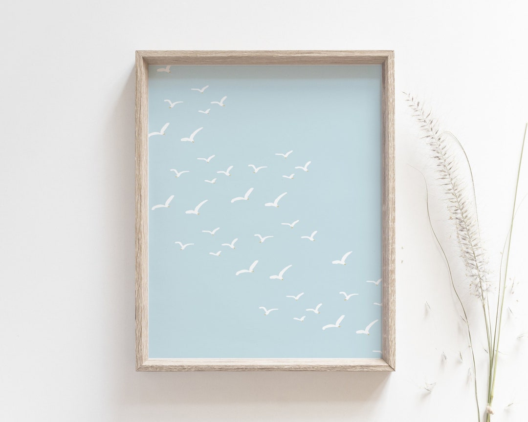 Seagull Print - Flock of Seabirds in the Sky Poster, Seagulls Flying ...