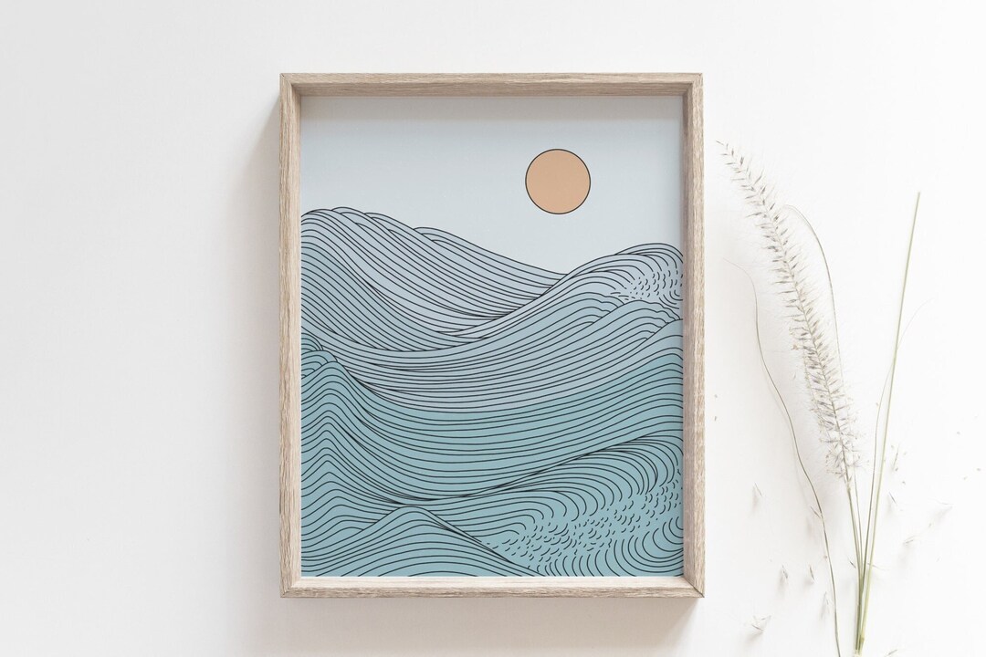 Sunset Print - Ocean Art Poster, Seaside Illustration, Simple Line Wave ...