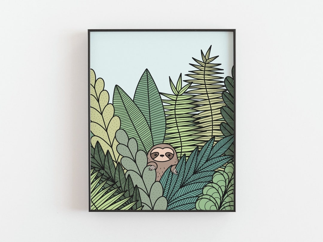 Sloth Print - Hiding Sloth Poster, Bush, Fern, Jungle, Plants ...