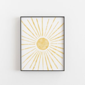 Golden Sun Print, Boho Sun Poster, Sky, Sunrise, Sunset, Watercolor ...