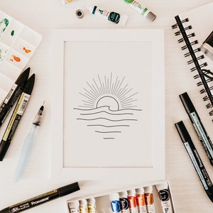 Simple Sunset Print - Surf Wave Poster, Line Drawing, Minimalist Beach ...
