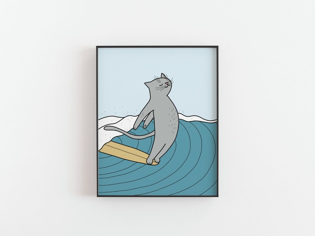 Surfing Cat Print, Surfing Animal Poster, Tabby Cat, Surf Art, Funny ...