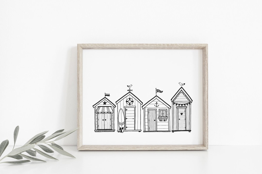 Beach Huts Print Black and White Line Art Poster Ocean - Etsy