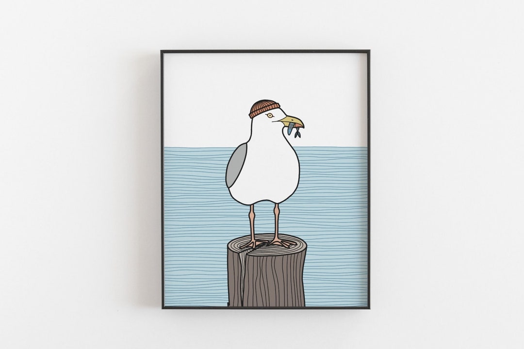 Seagull Print, Herring Gull With a Fish on the Dock, Funny Bird Art ...