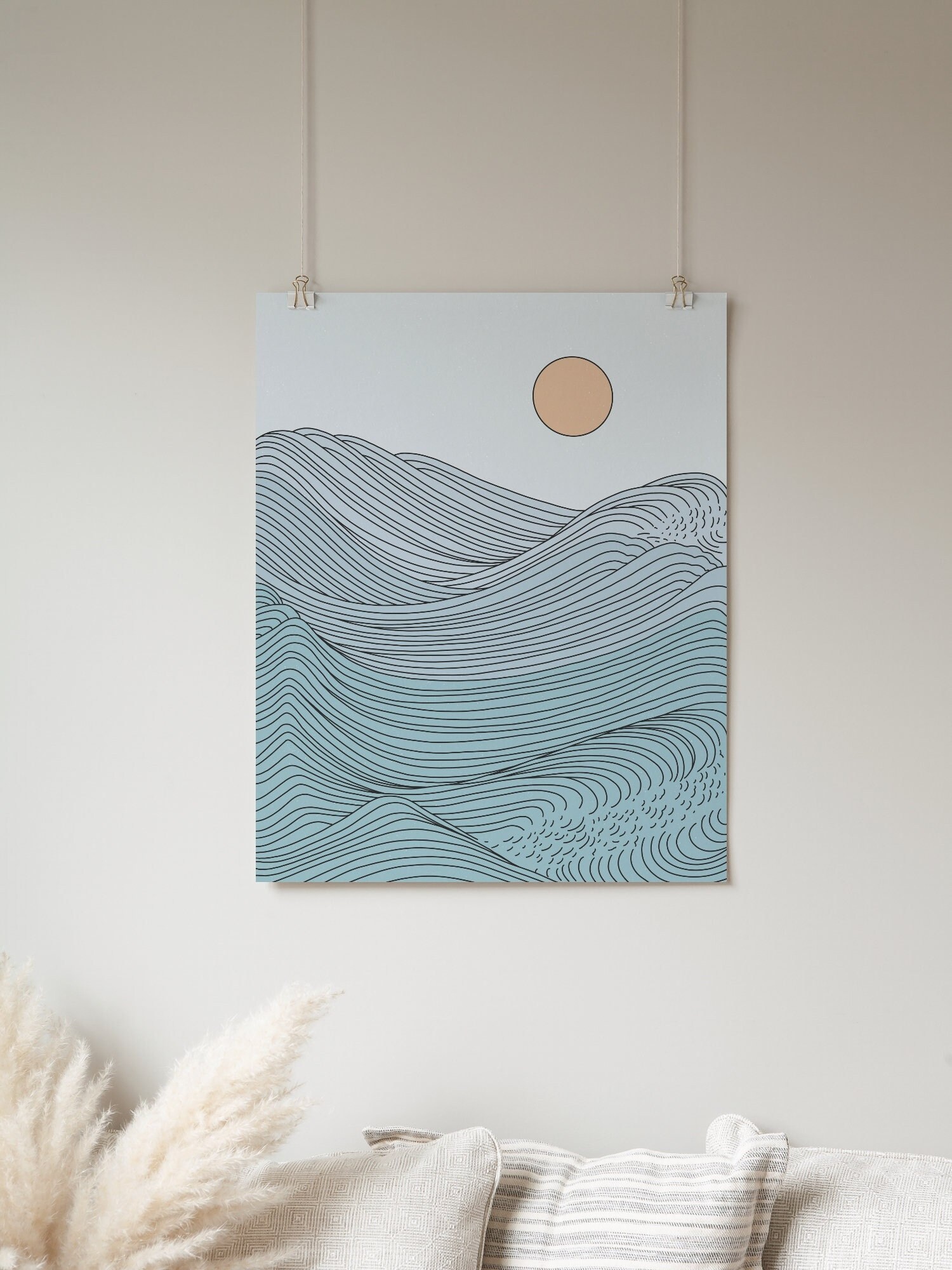 Sunset Print - Ocean Art Poster, Seaside Illustration, Simple Line Wave ...
