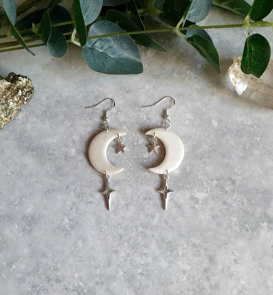 Pearl Moon and Star Celestial Sterling Silver Plated Dangle Earrings ...