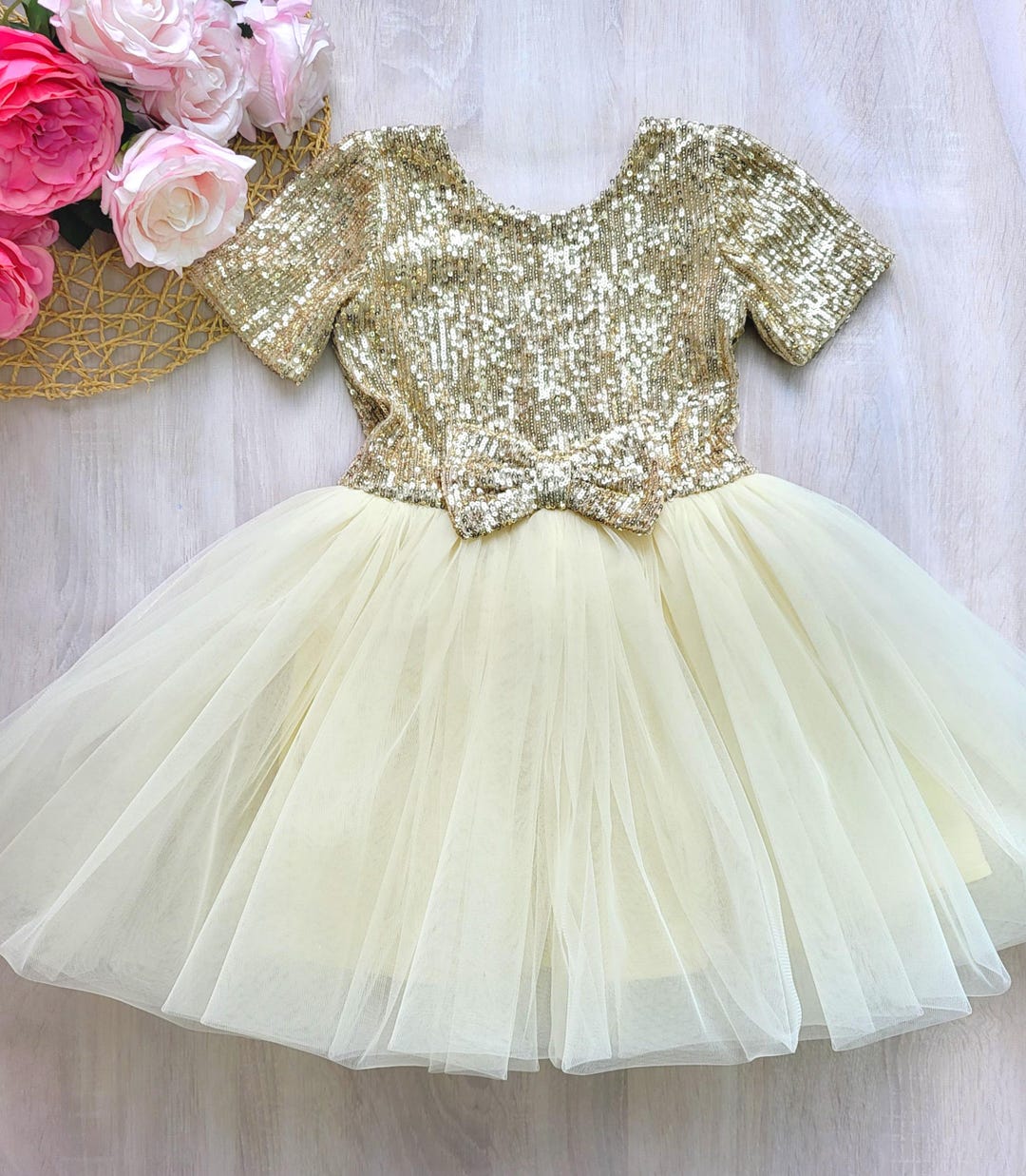 Girls Gold Sequin Dress With Bow, Christmas Sparkle Flower Girl Dress ...