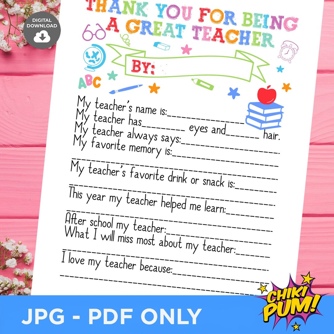 Teacher Appreciation Printable JPG PDF: All About My Teacher ...