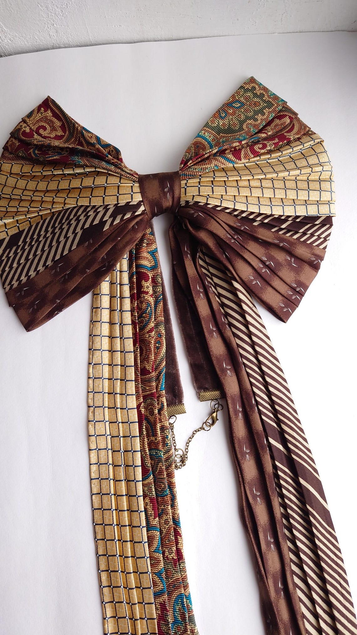 Hand Made Brown Multicolored Pleated Patchwork Necktie Silk Poet Bow ...