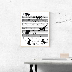 Cat Kitty Playing Music Note Clef Wall Art, INSTANT DOWNLOAD, Black ...