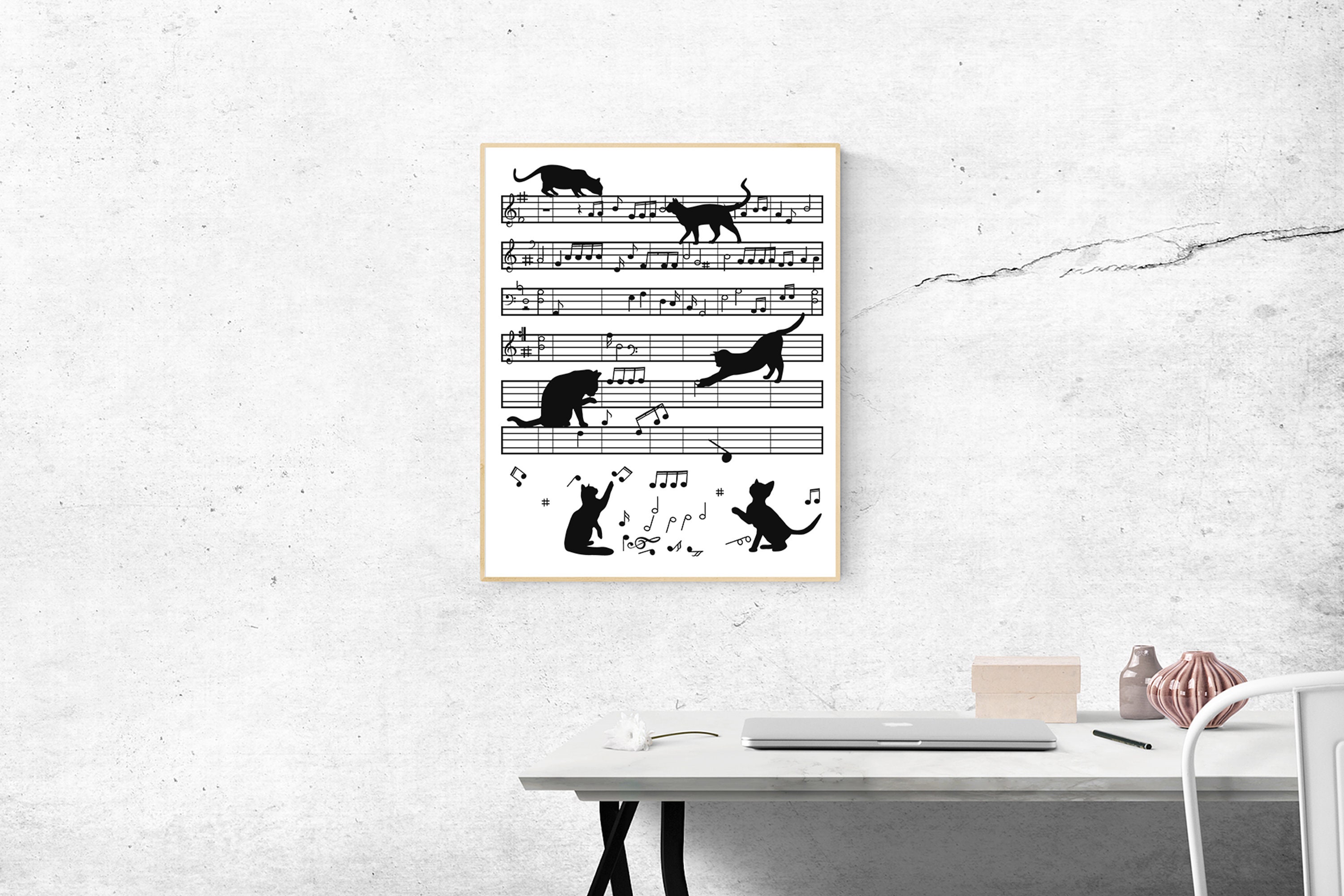 Cat Kitty Playing Music Note Clef Wall Art, INSTANT DOWNLOAD, Black ...