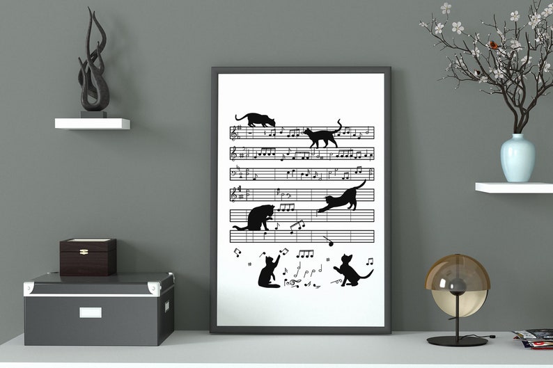 Cat Kitty Playing Music Note Clef Wall Art, INSTANT DOWNLOAD, Black ...
