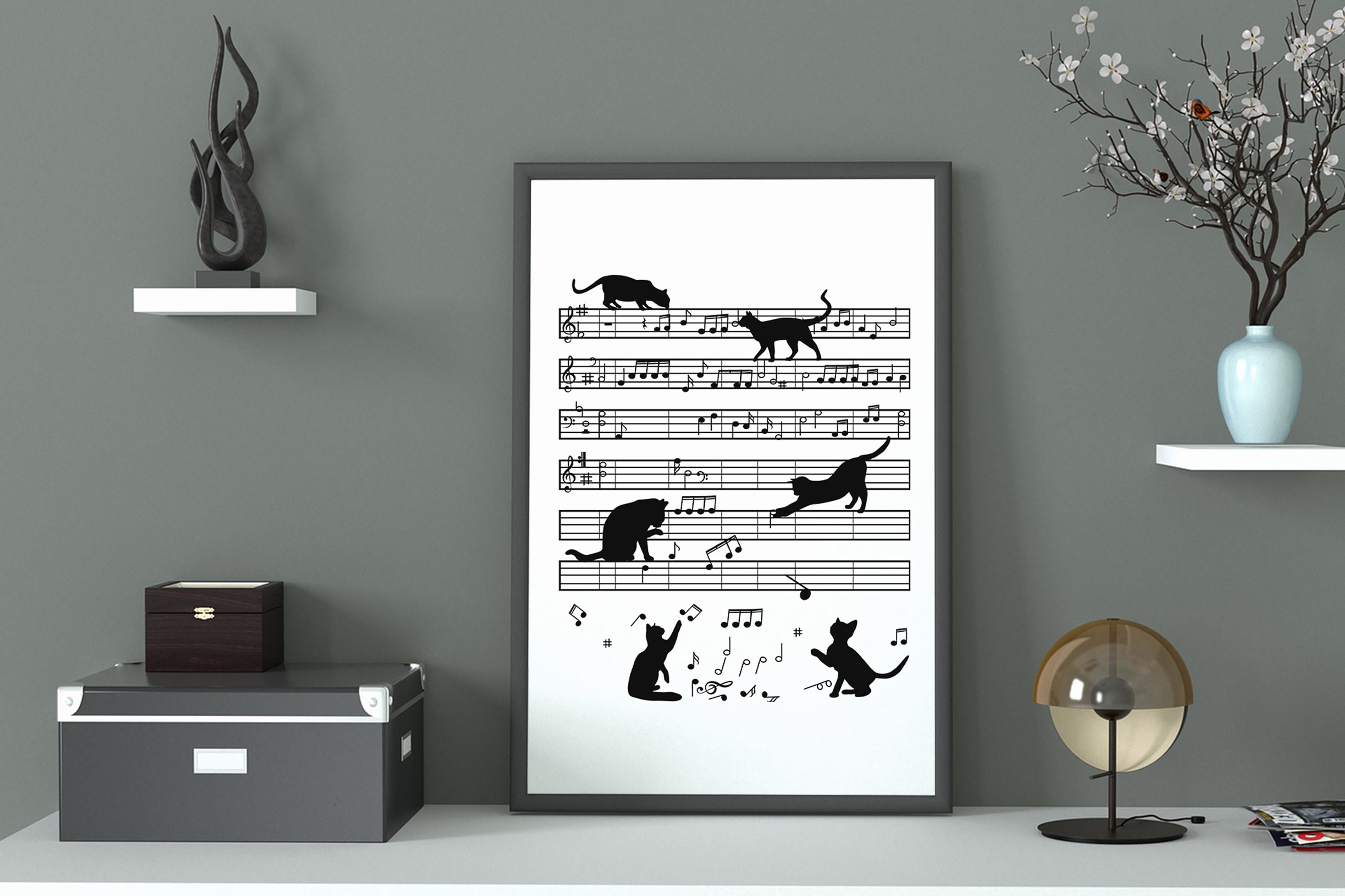 Cat Kitty Playing Music Note Clef Wall Art, INSTANT DOWNLOAD, Black ...