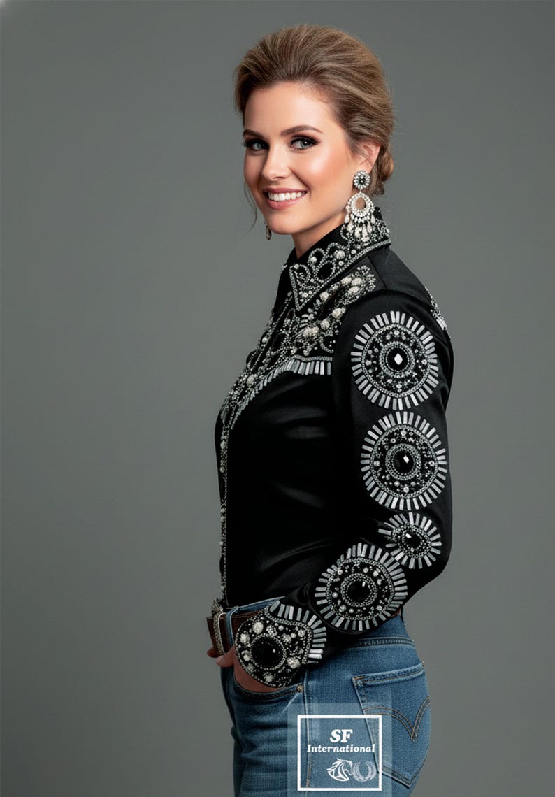 Black Western Show Shirt, Heavy Rhinestone Beaded Horsemanship Jacket ...