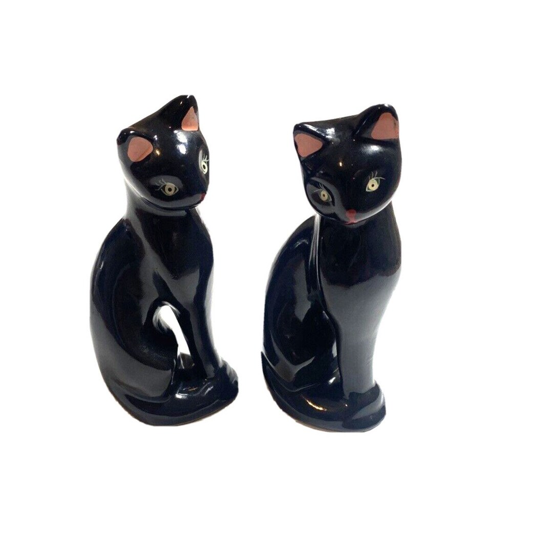 Vintage Chinese Ceramic Cats Black Pair Handmade Unique Pink Ears ...