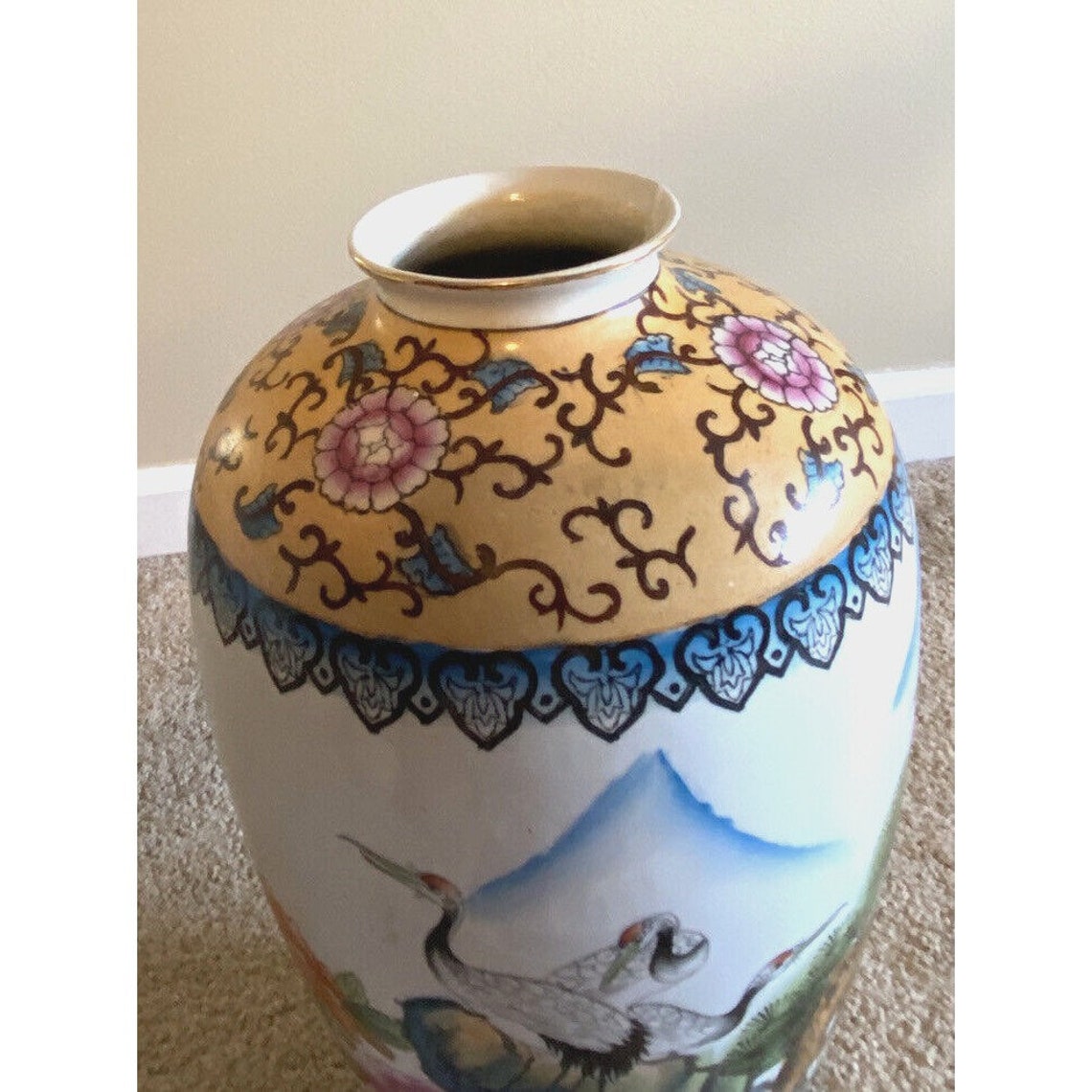 Vintage Large Chinese Vase Cranes Birds Hand Painted Porcelain Tall ...
