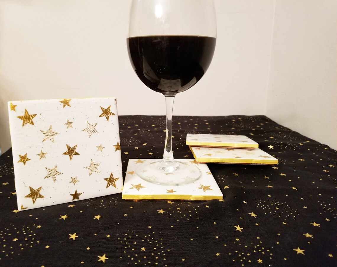 Set of 4 Ceramic Tile Coasters With Gold Star Decoupage, Painted ...