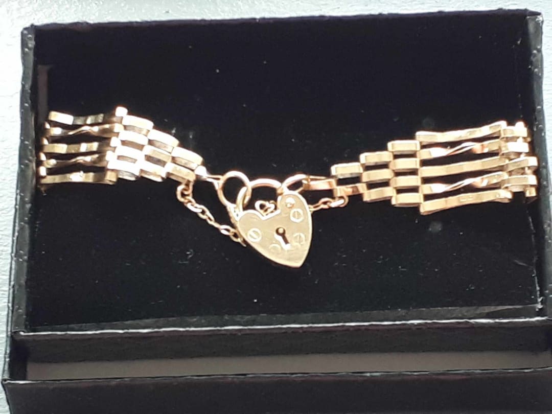 9ct Gold 375 7.8g... Vintage 5 Bar Gate Bracelet With Heart Padlock ...