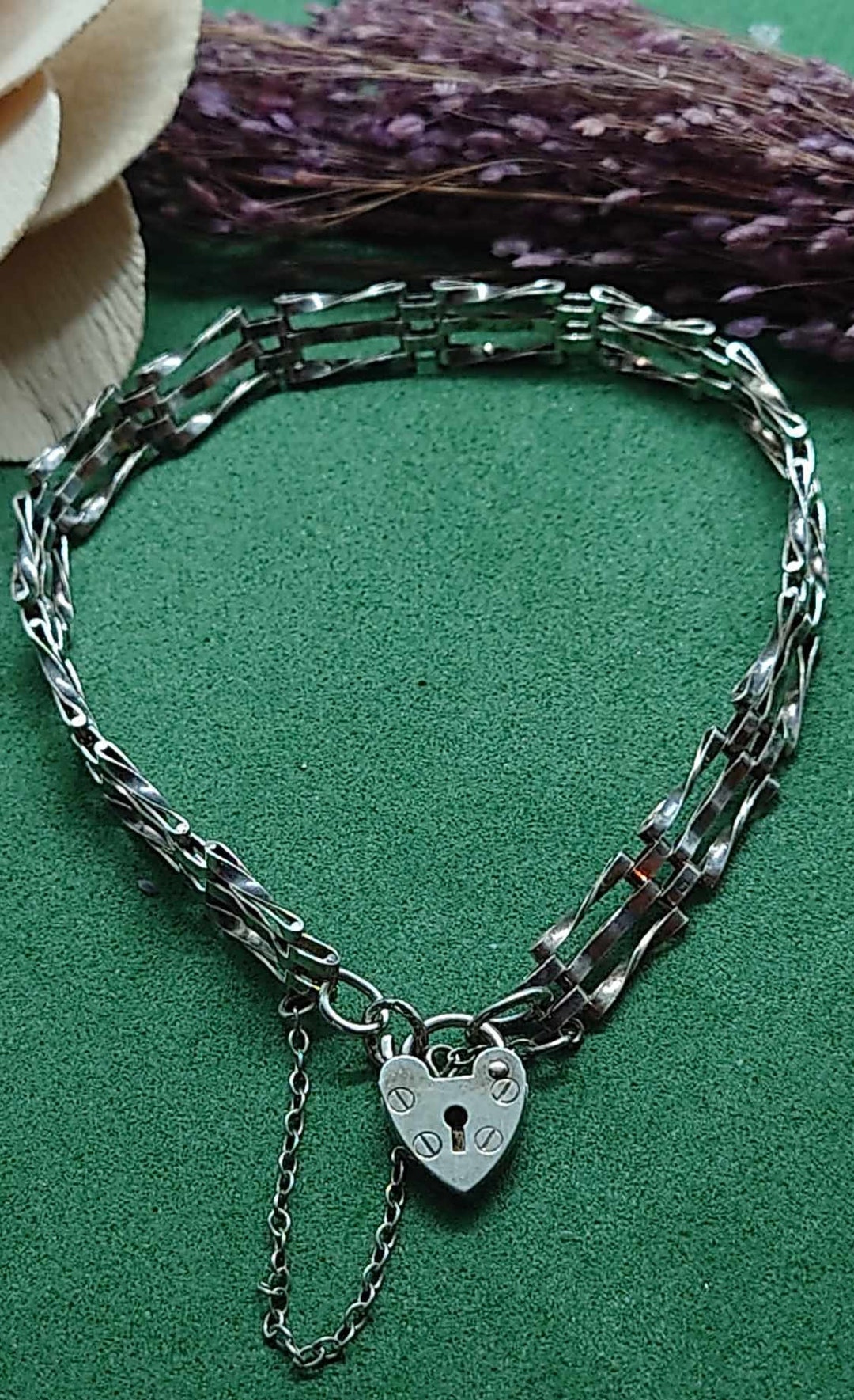 SILVER Vintage Sterling 3 Bar Gate Bracelet With Heart Padlock Hallmark ...