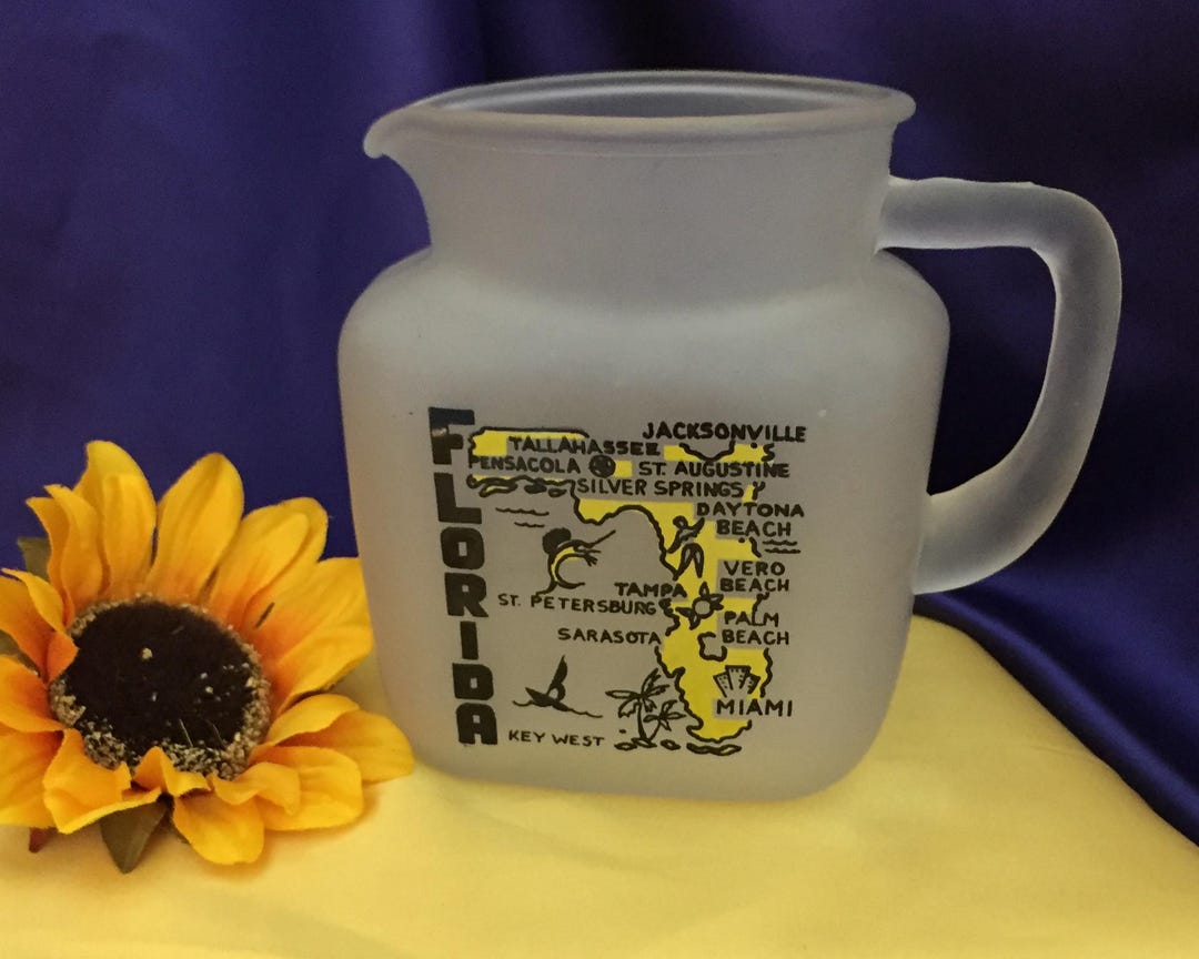 Florida Map Souvenir Frosted Glass Pitcher. Yellow Coloration. From the ...