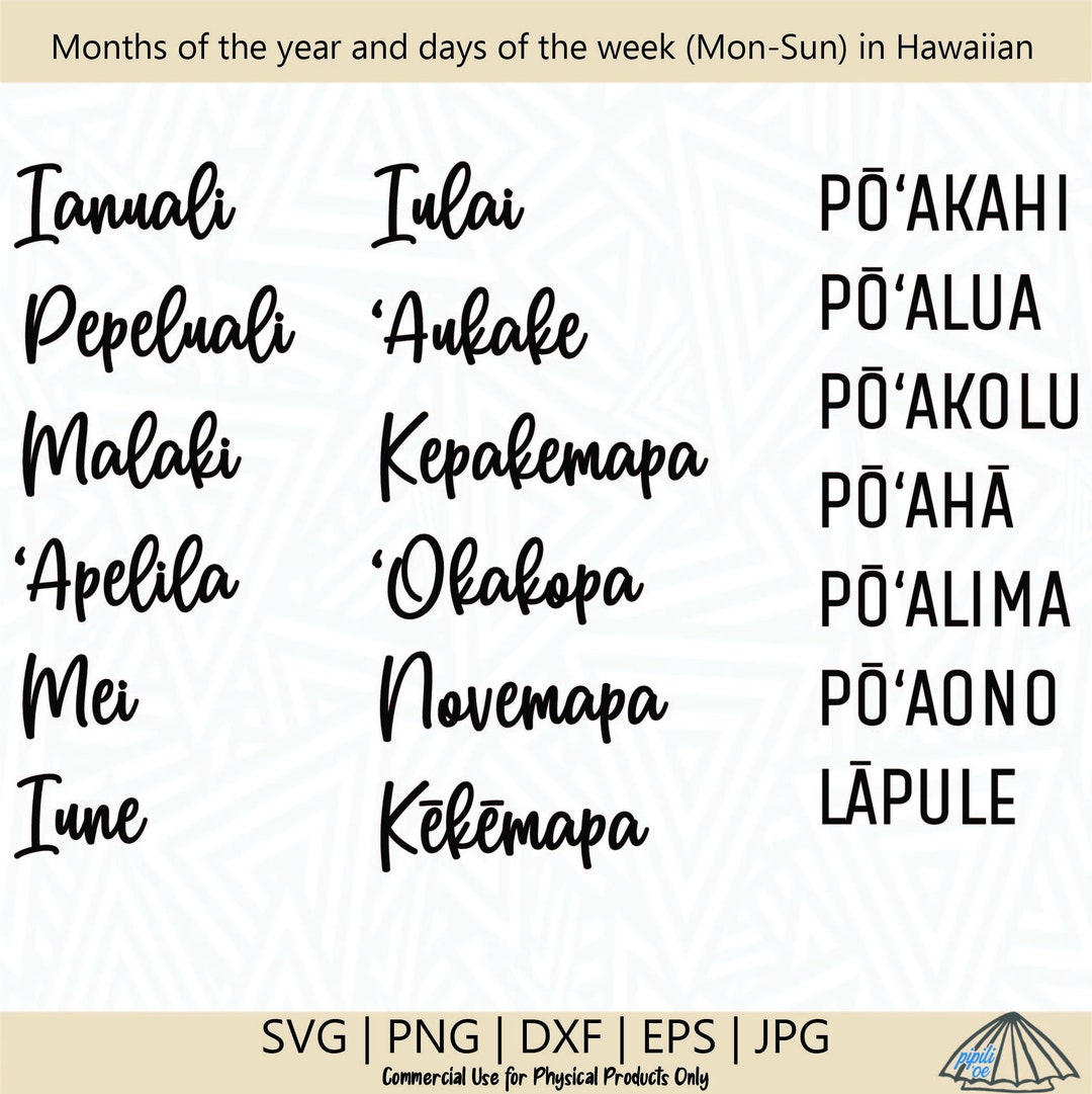 Hawaiian Days and Months SVG - Hawaii SVG - Hawaiian Words - Bullet ...