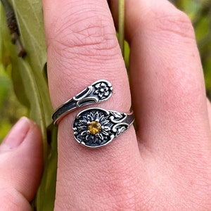 Flower Spoon Ring in Silver, Silver Spoon Ring With Flower, Stone Ring ...