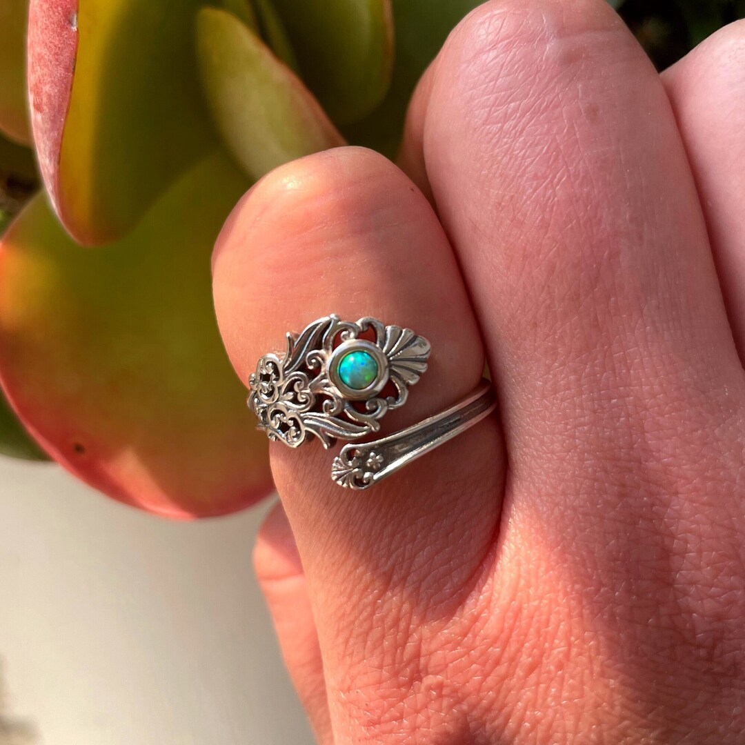 Spoon Ring With Green Opal in Silver, Boho Ring, Stone Ring, Spoon Ring ...